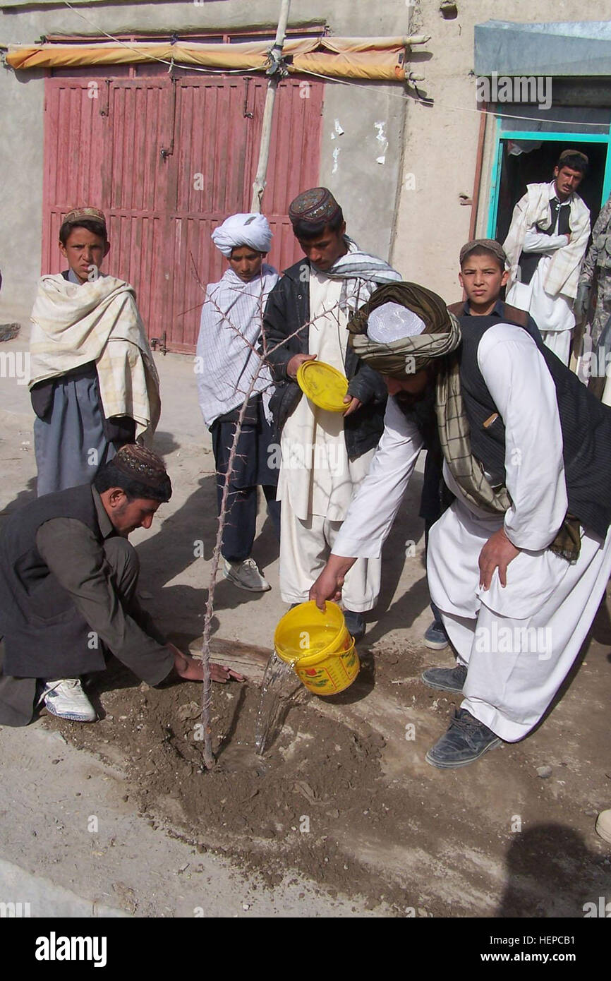 Qarabagh District subgovernor Muhibullah Ekhpelwak waters a newly ...