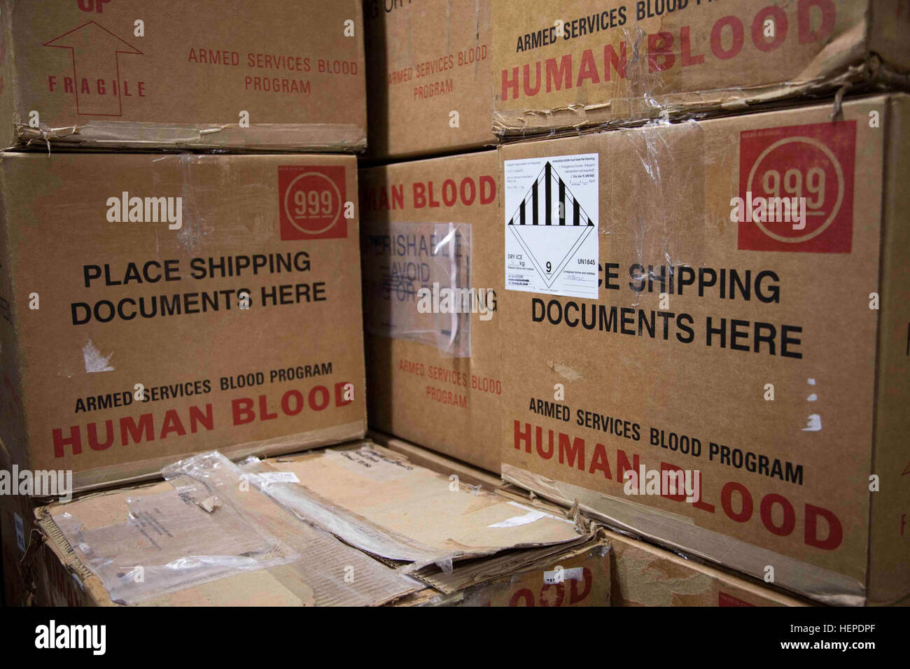 Human blood boxes are ready for shipment at the Armed Services Blood ...