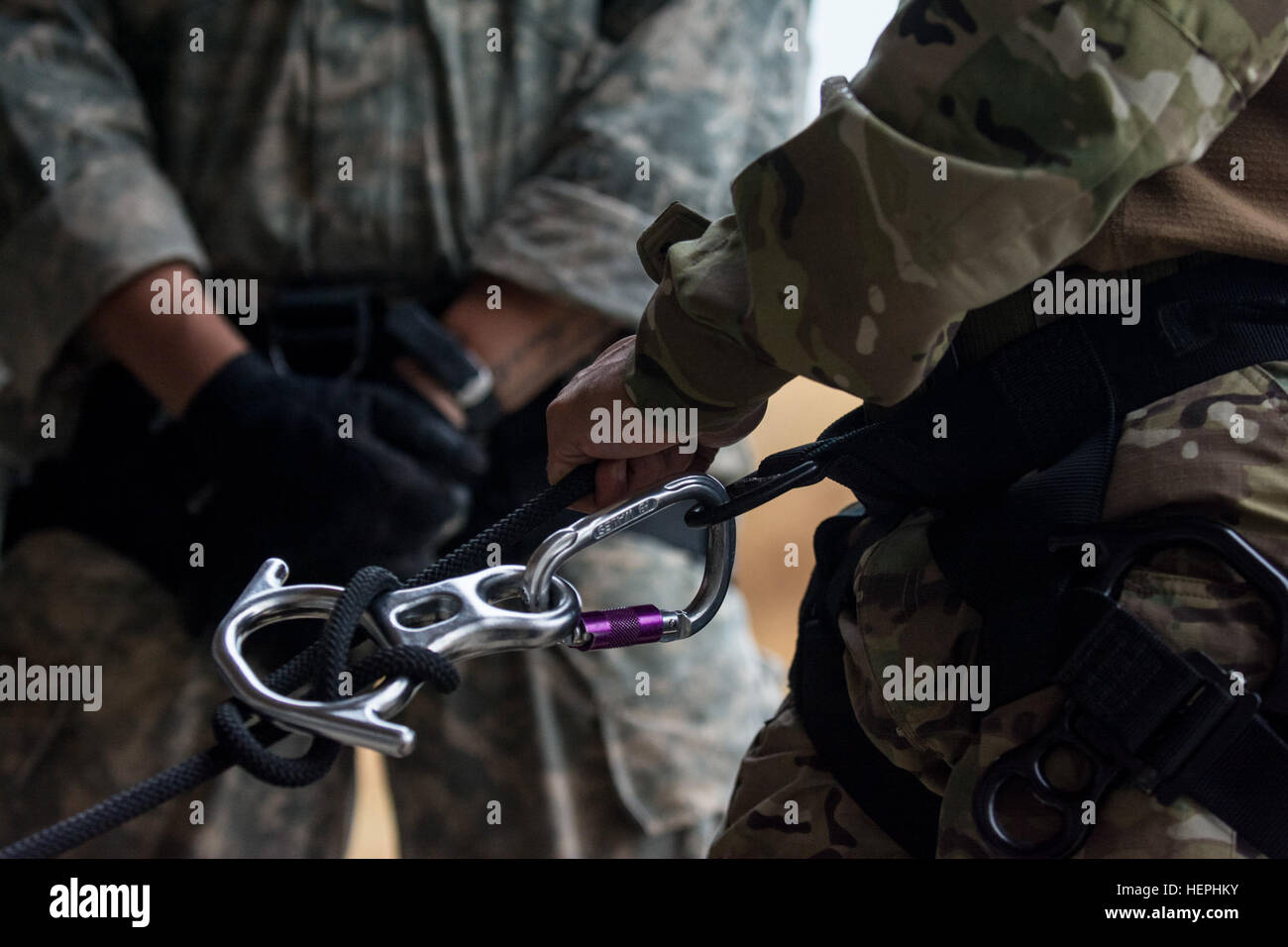 U.S. Army Reserve combat engineers train on rope techniques using a ...