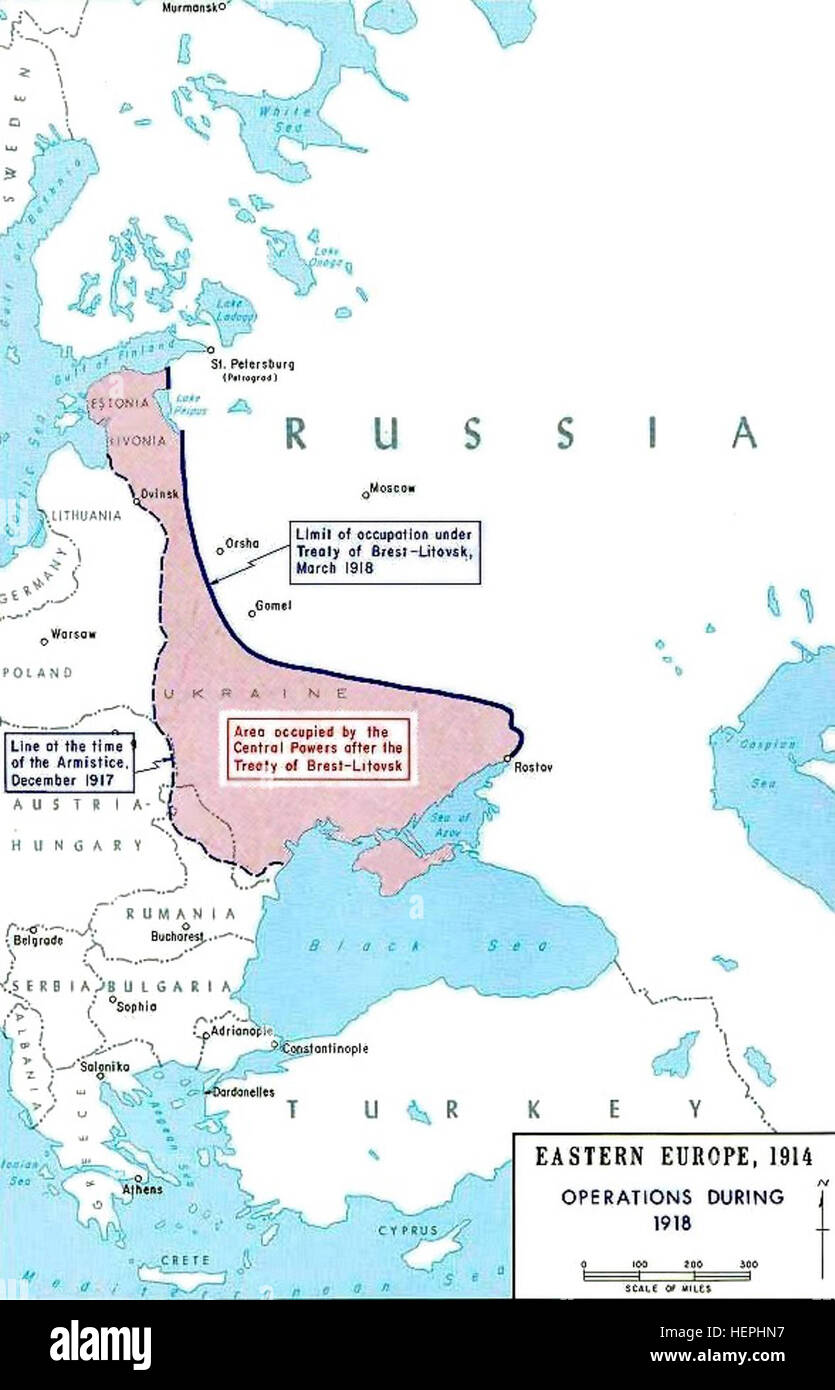 A historical map depicts the Treaty of Brest-Litovsk signed in 1918 ...