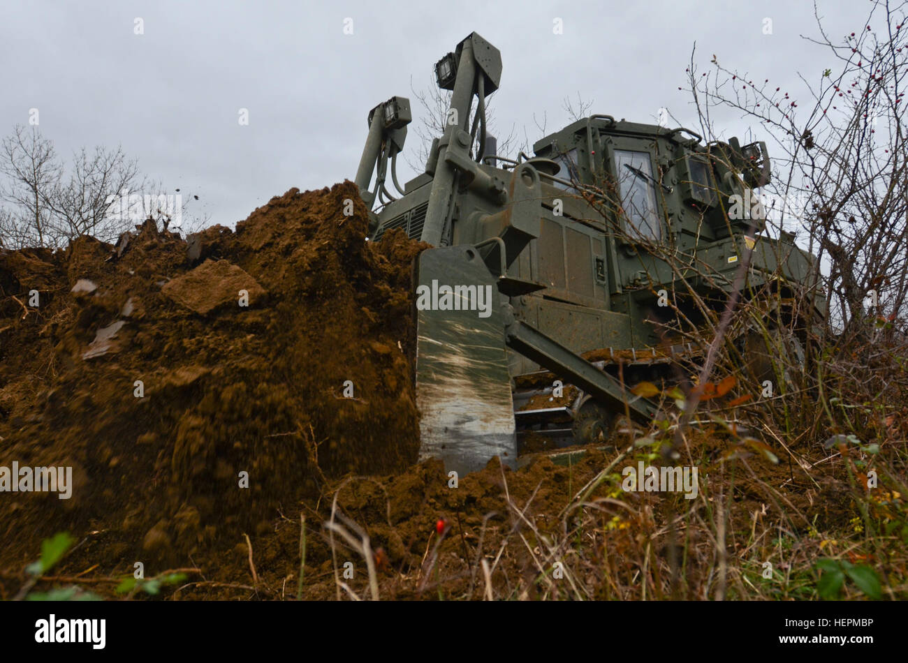 U.S. Army armored unit engineers dig hull-down positions for M1A2 ...