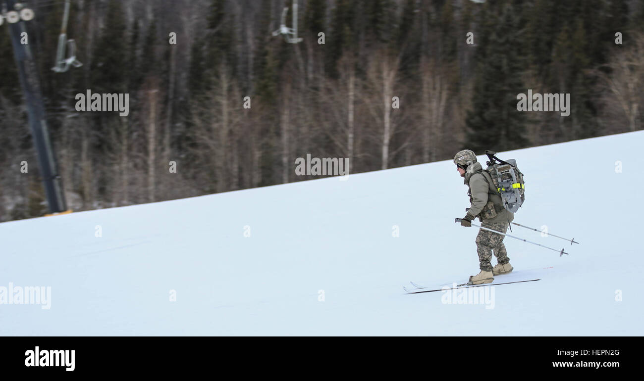 A U.S. Army Alaska Soldier competes in the downhill skiing event of the ...