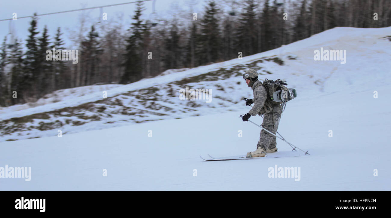 A U.S. Army Alaska Soldier competes in the downhill skiing event of the ...