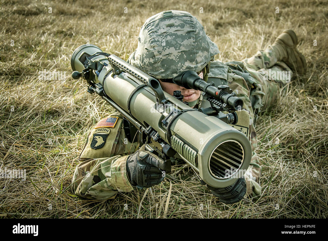 A Soldier tests the M3E1 Multi-role Anti-armor Anti-personnel Weapon ...