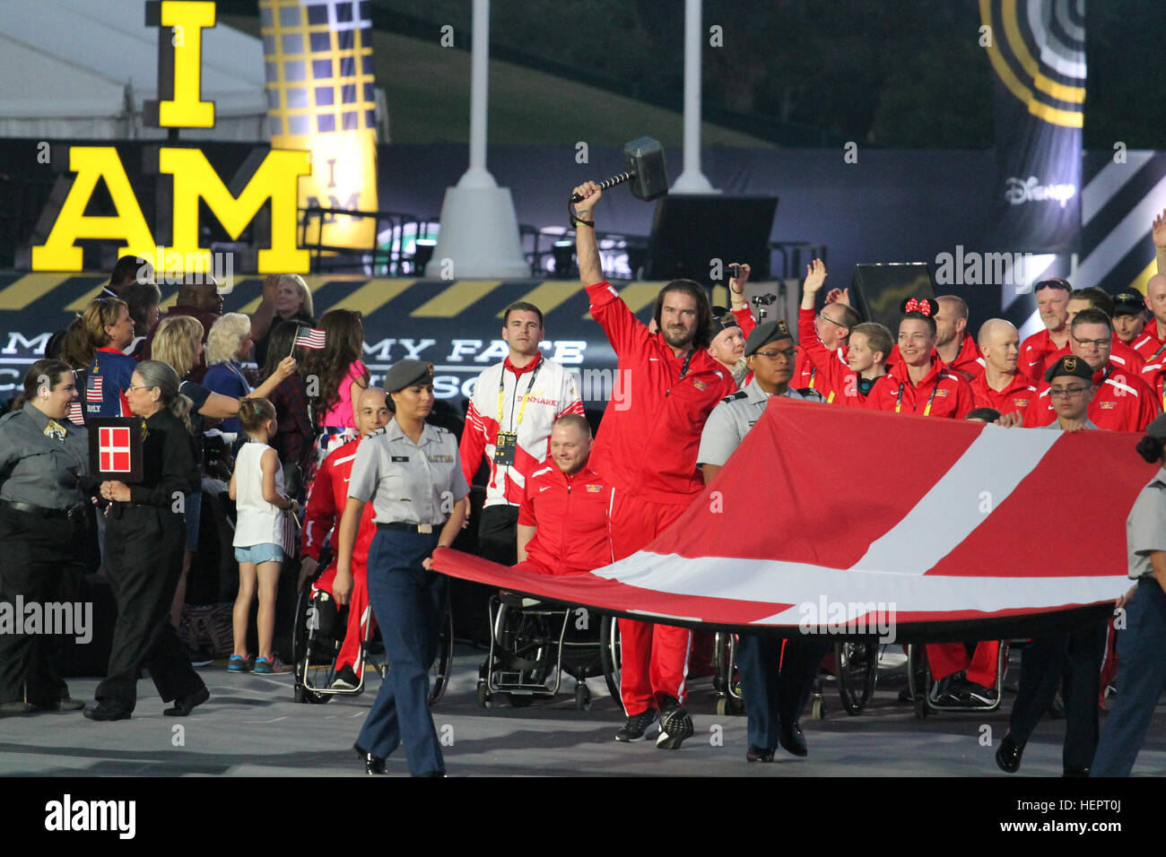 The Danish delegation to the 2016 Invictus Games steps on the field at ...