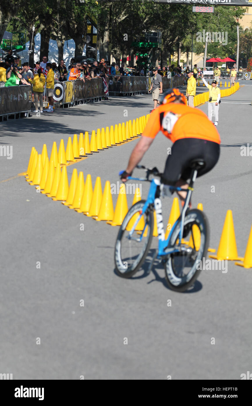 A cyclist rounds the last corner before the finish line during the 2016 ...