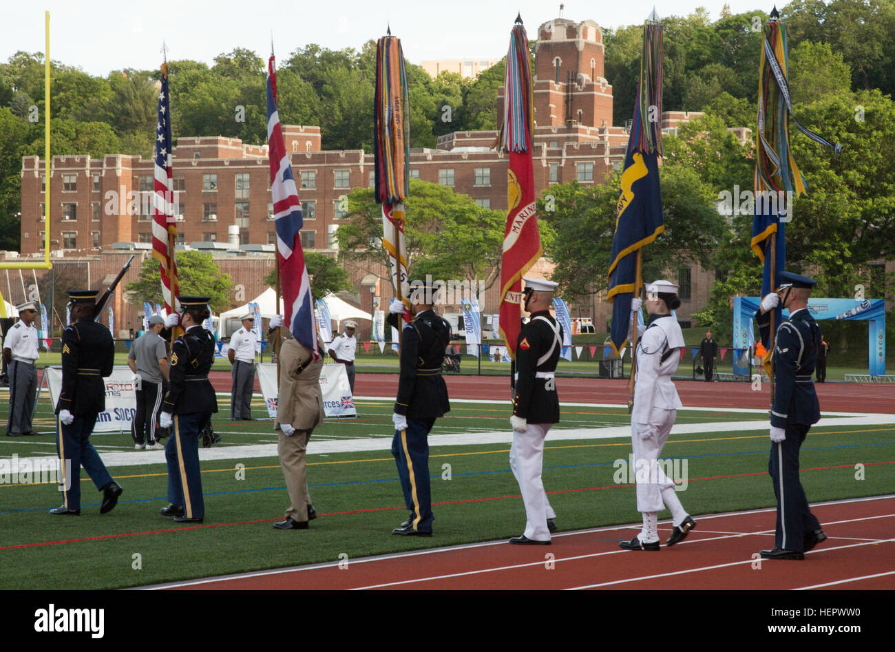 The U.S. Color Guard marches in the colors during the opening ceremony ...