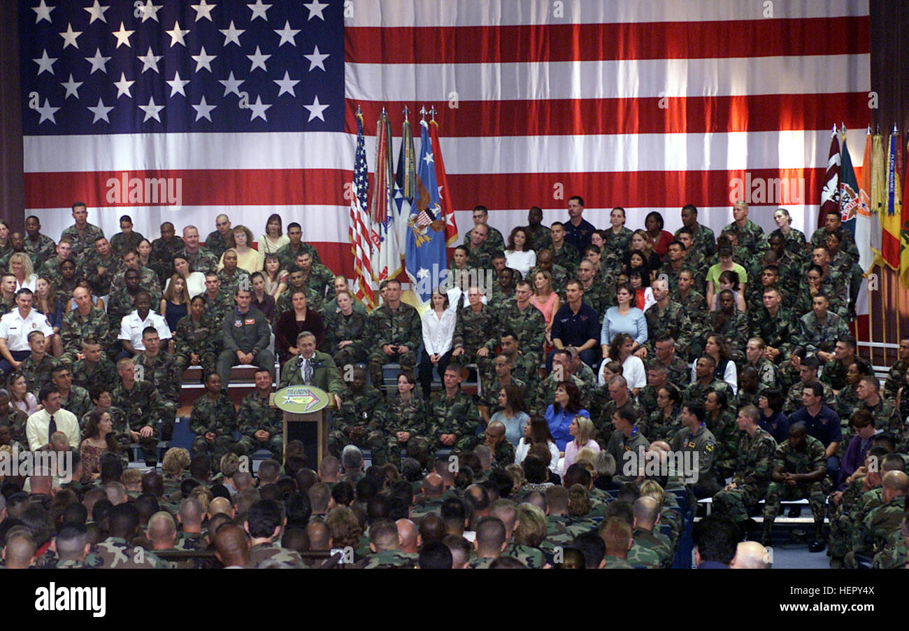 Secretary of Defense Donald Rumsfeld, addresses soldiers and family ...