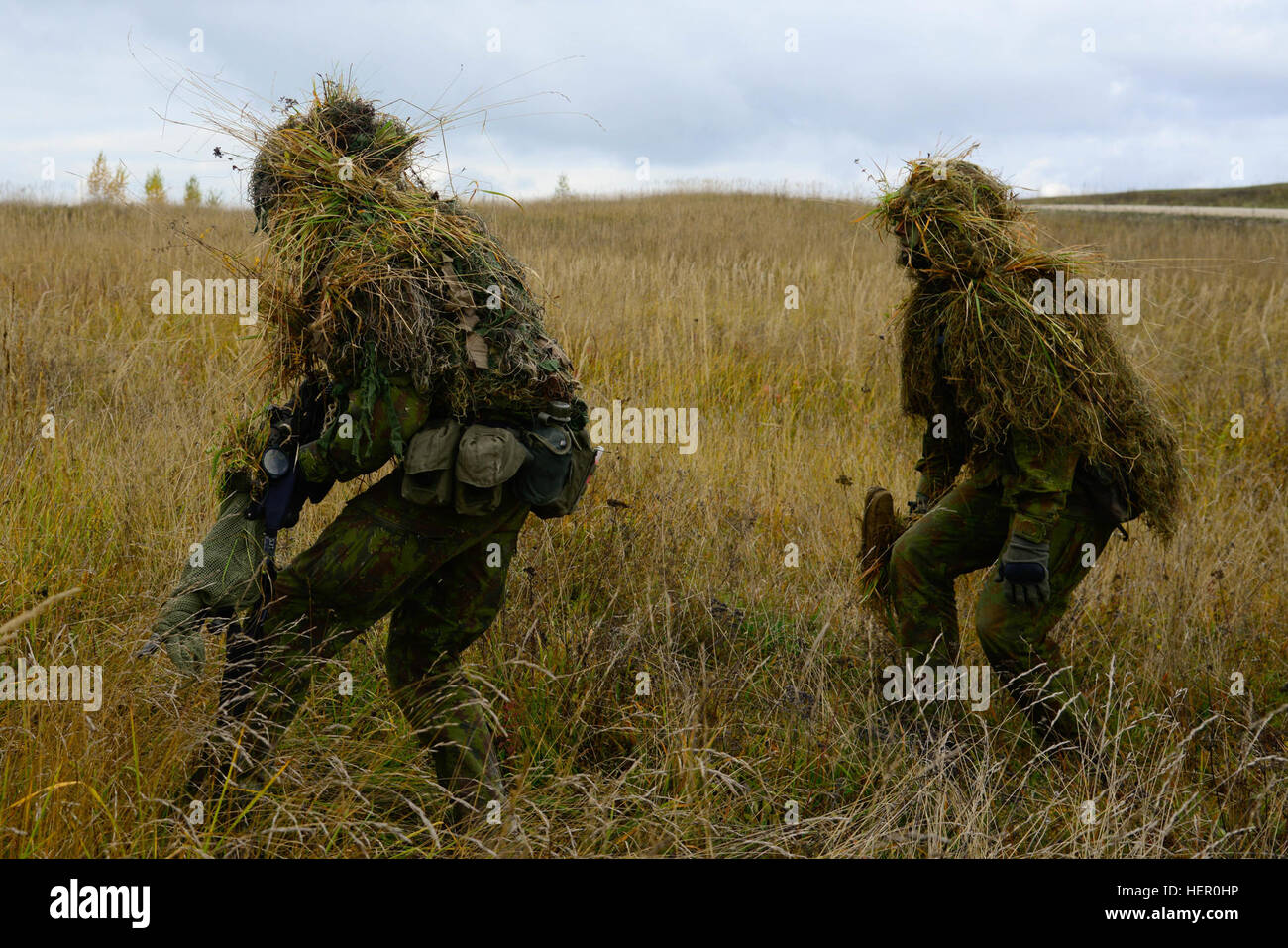 Lithuanian soldiers crouch in tall grasses as part of the stalking ...