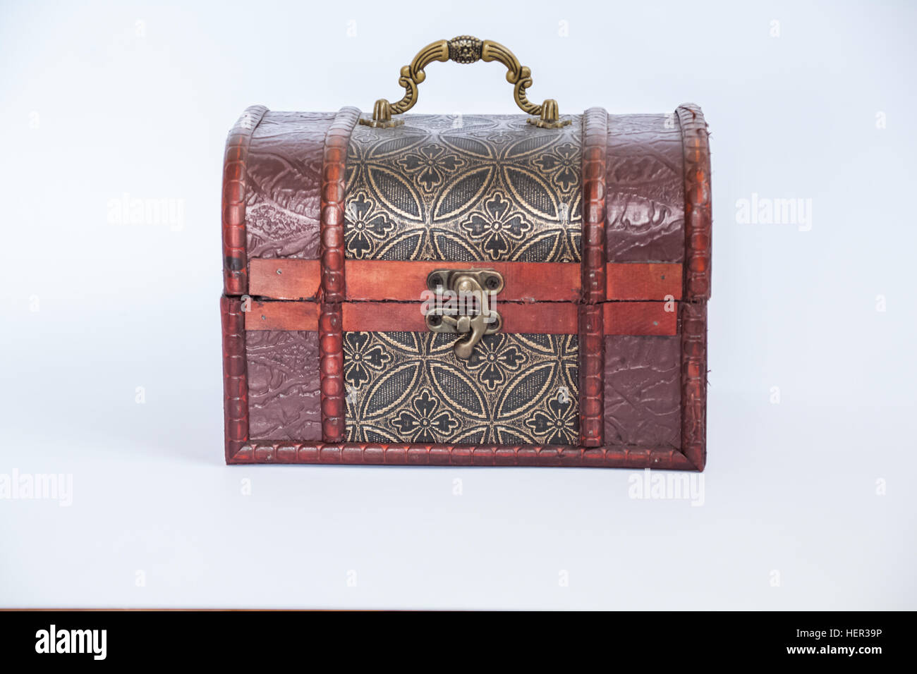 Old vintage treasure box closed chest from the front with white ...