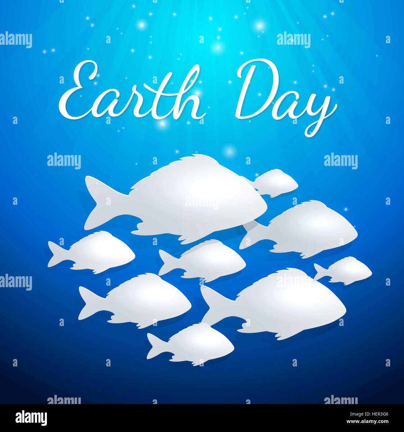 Blue background with white fishes for Earth Day. Vector illustration ...