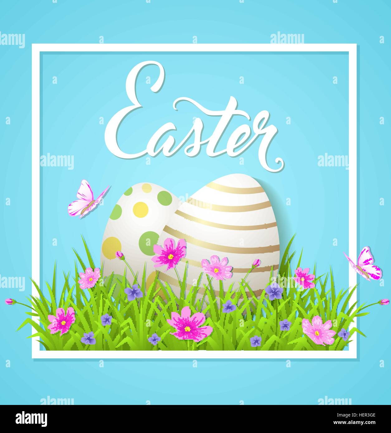 Easter card with eggs and cosmos flowers on a blue background. Vector ...
