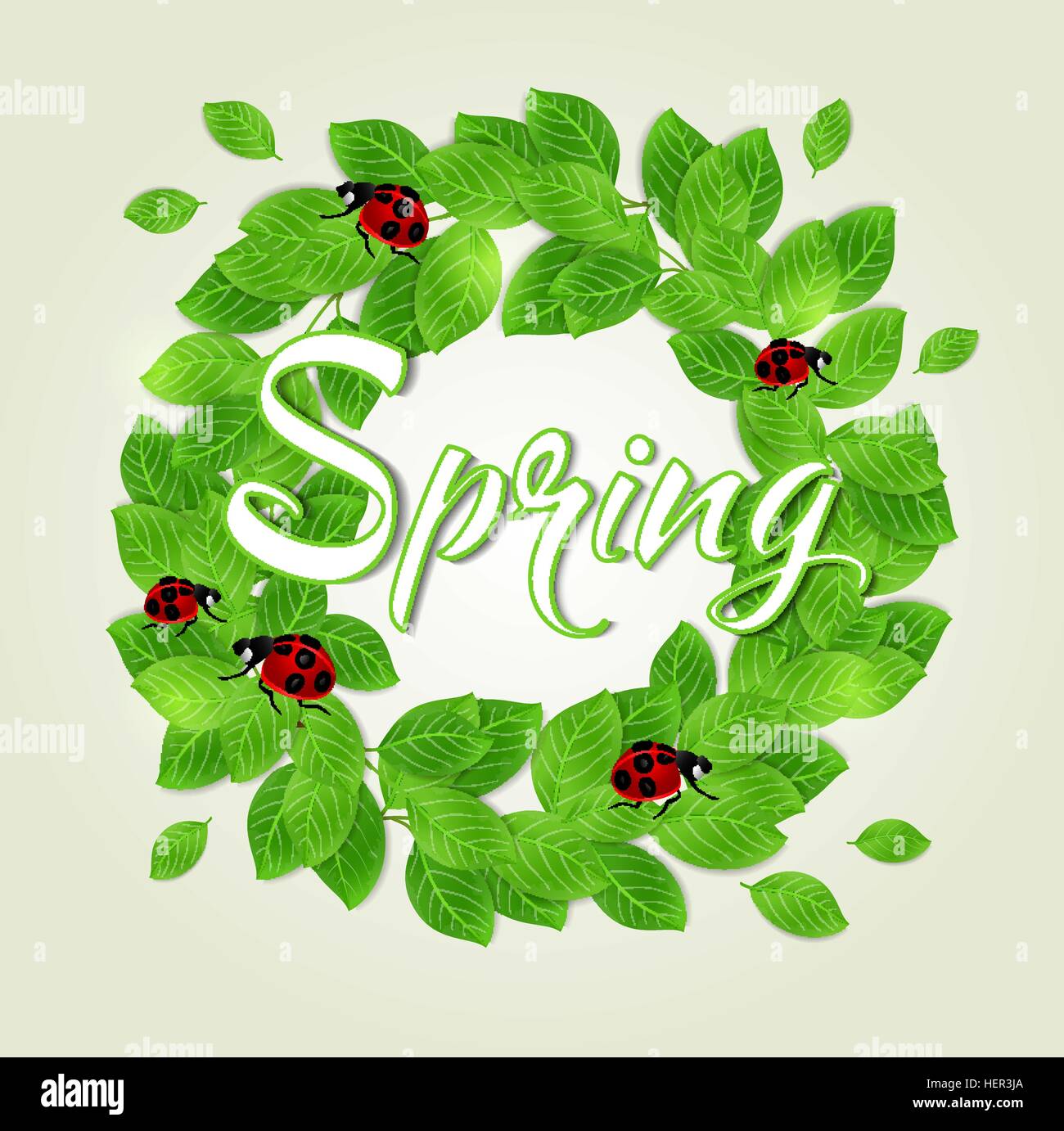 Round floral frame with green leaves and ladybug. Vector illustration ...