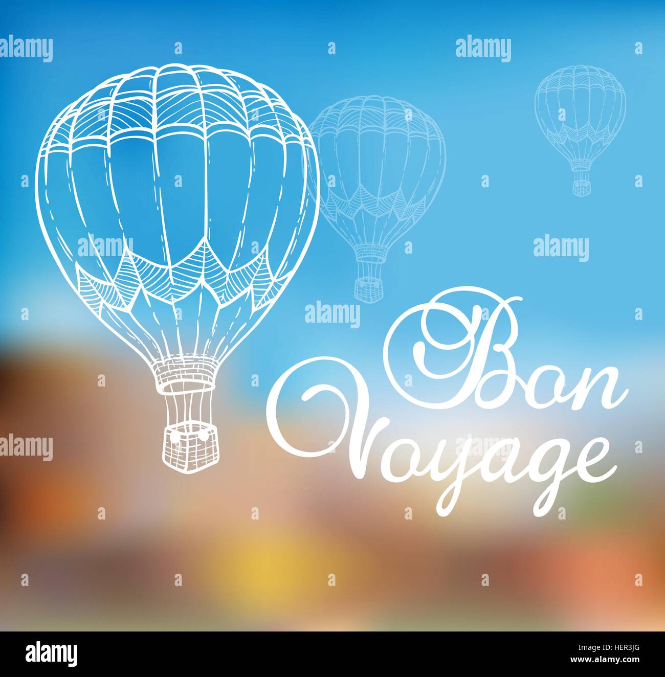 Background with air balloon flying in the blue sky. Hand drawn vector ...