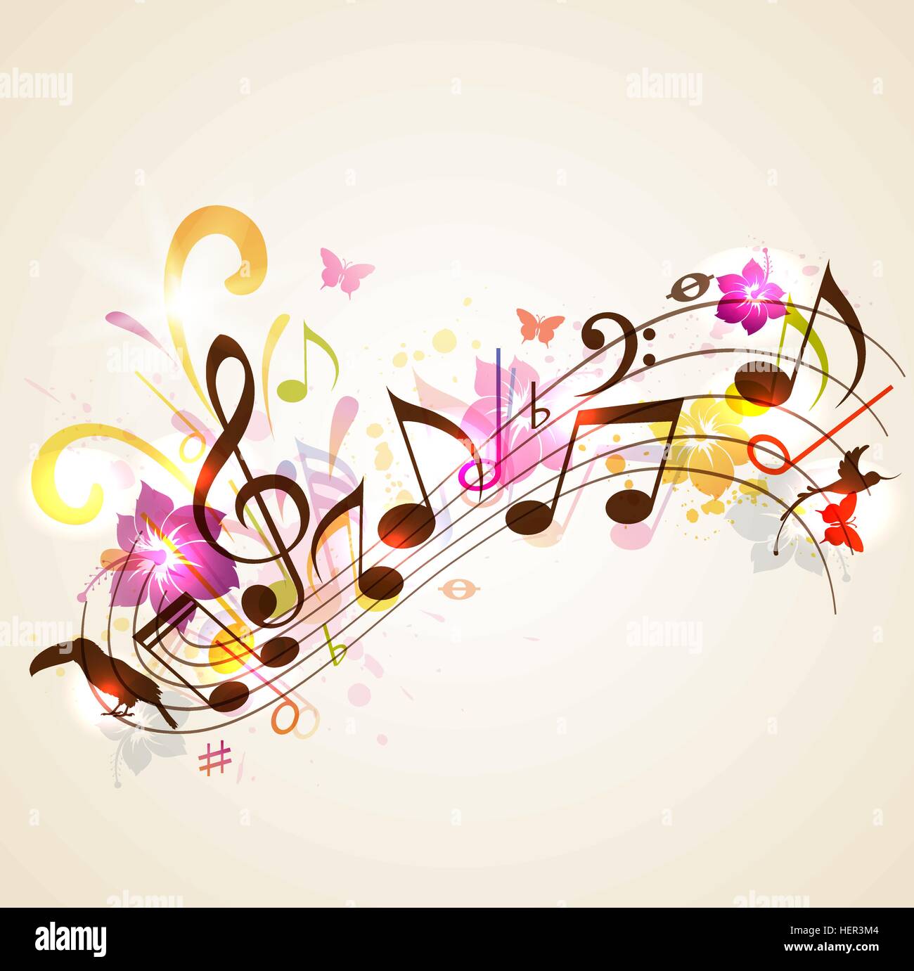 Abstract vector music background with notes and tropical flowers ...