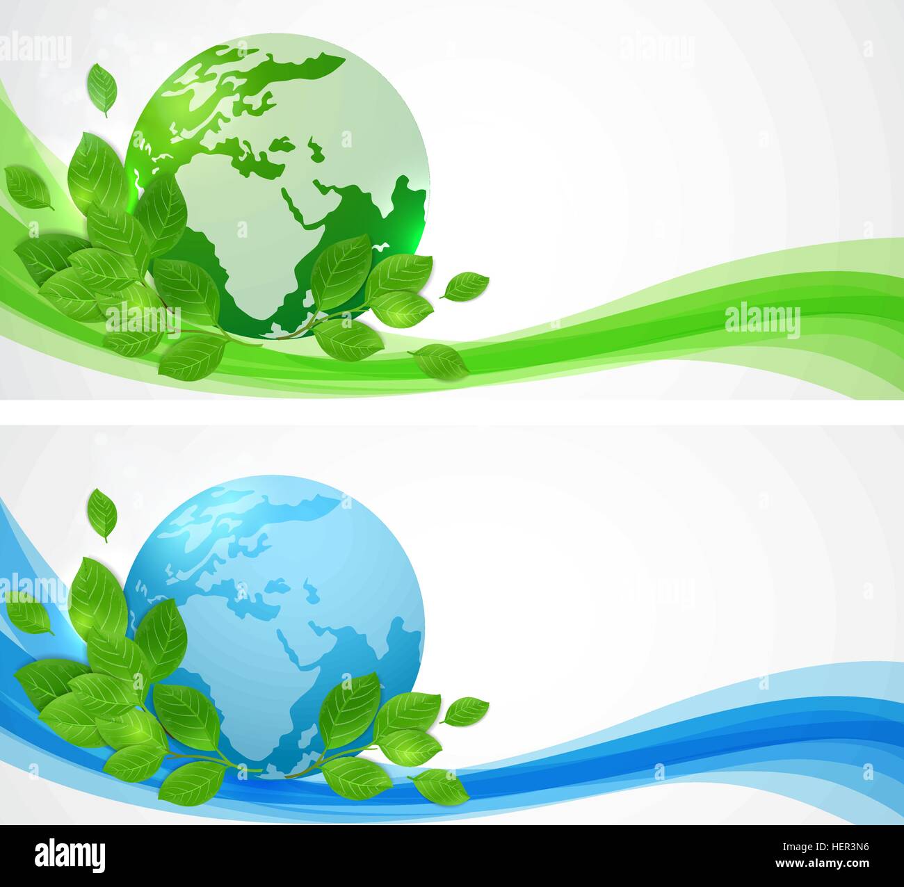 Planet Earth and green leaves. Horizontal banners with planet Earth ...
