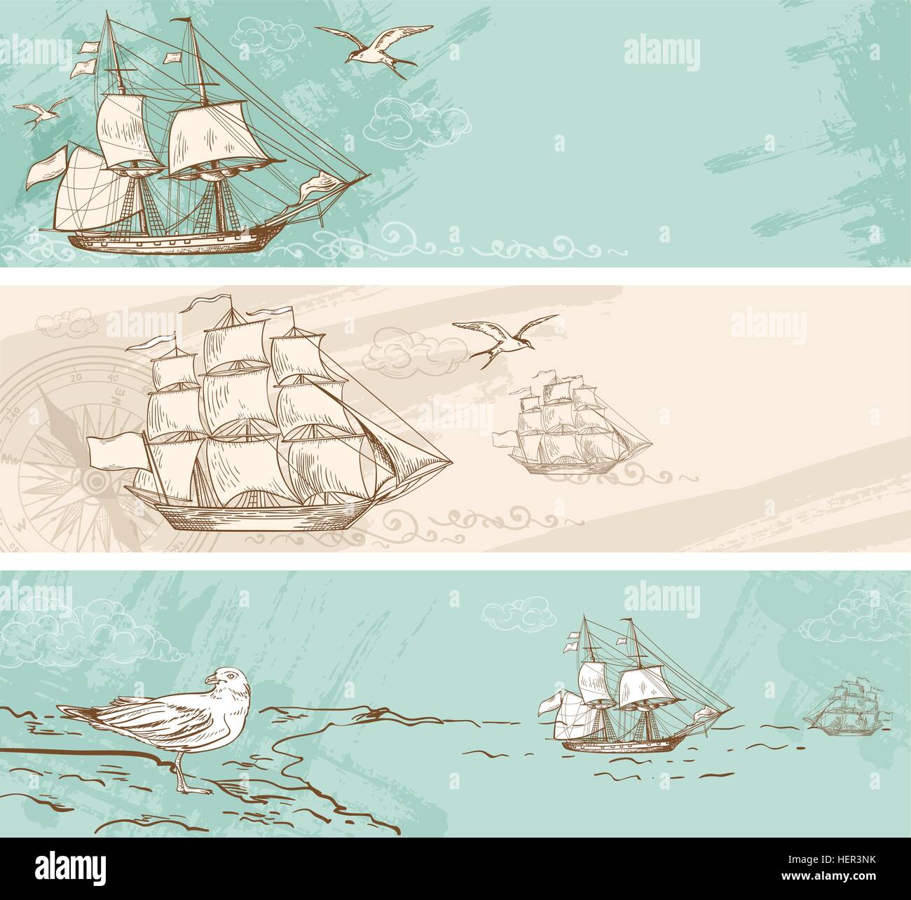 Vintage horizontal banners with sailing ships. Travel backgrounds. Hand ...
