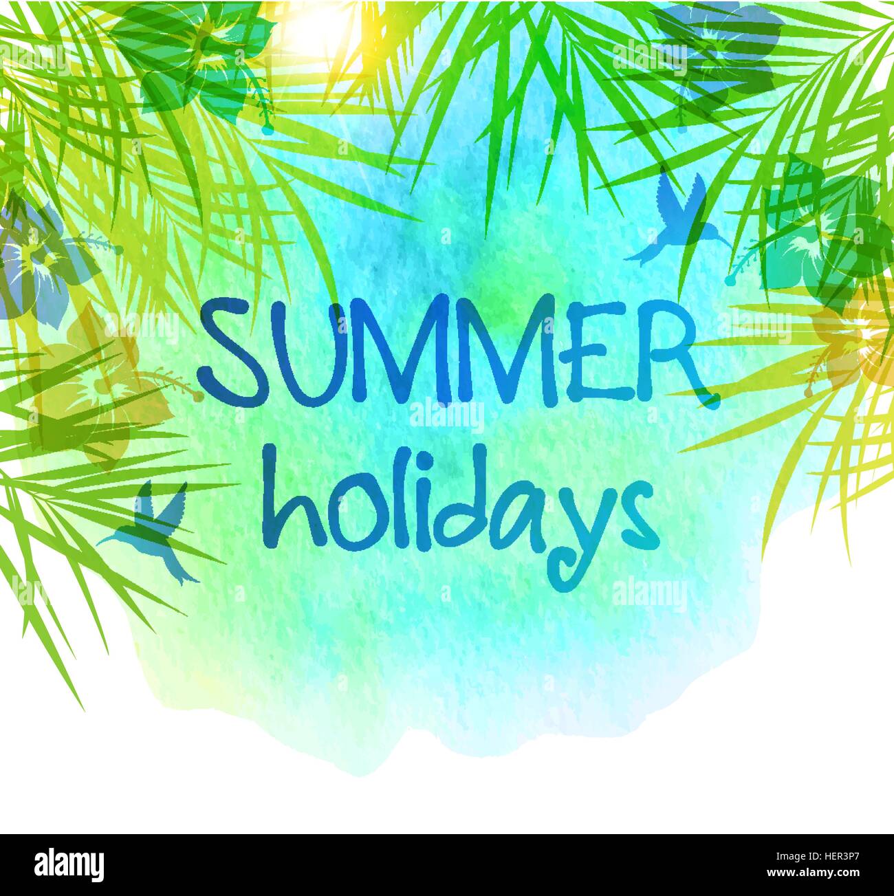 Summer tropical background with palm leaves and watercolor texture ...
