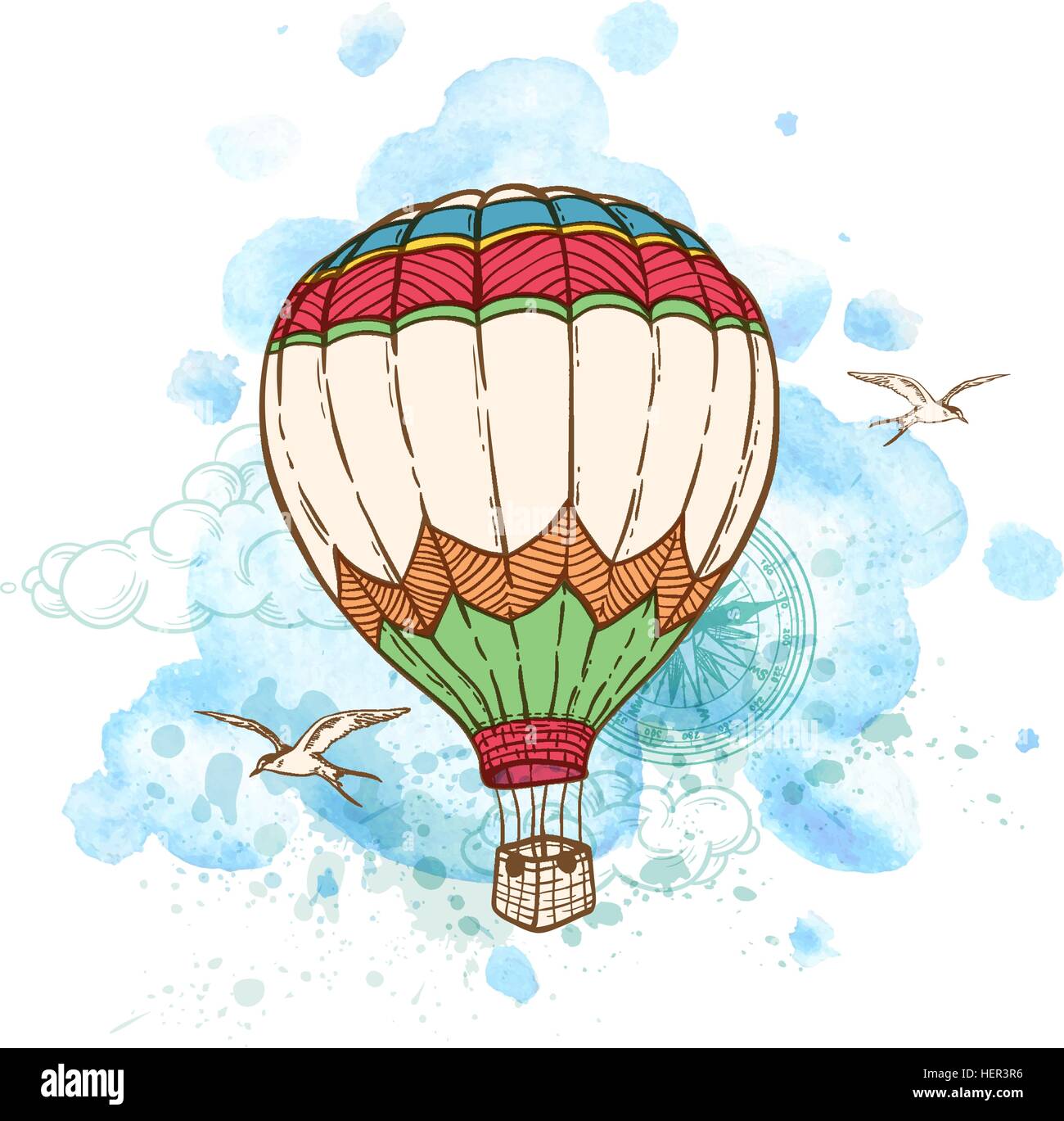 Blue abstract background with air balloon and watercolor blots. Hand ...