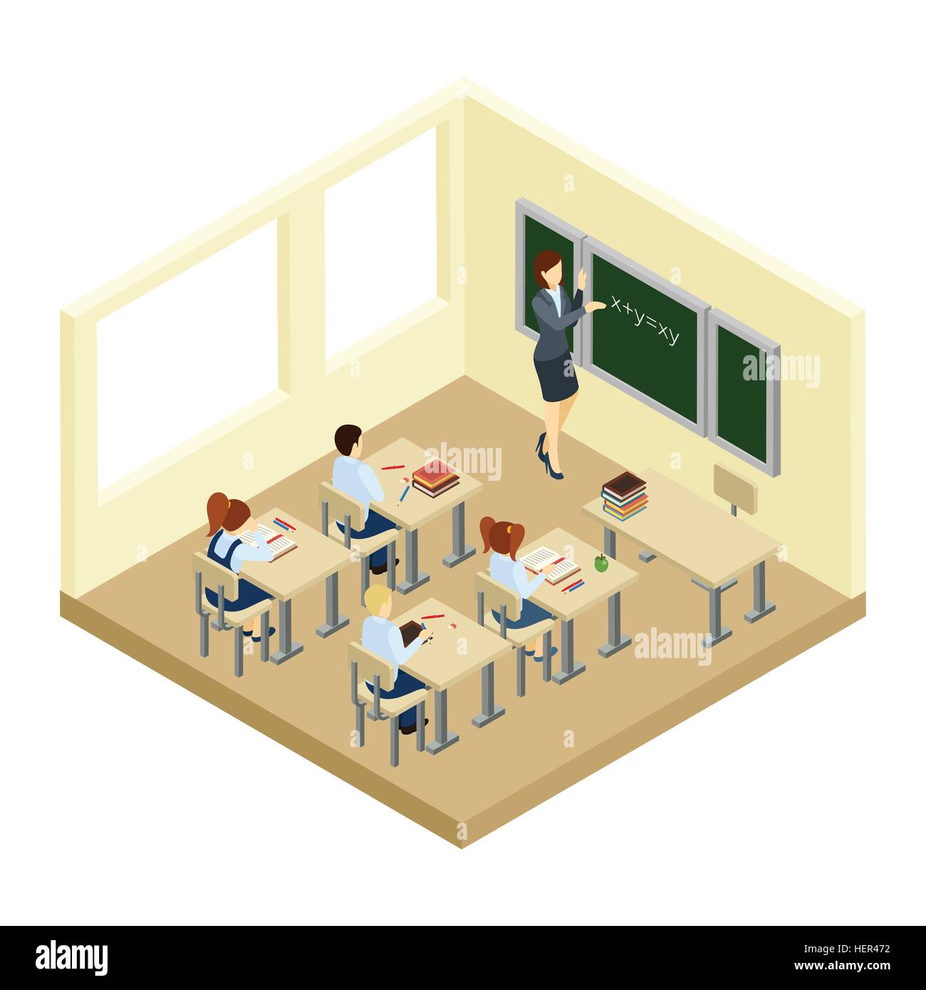 School Isometric Illustration. School with boys girls and a teacher in ...