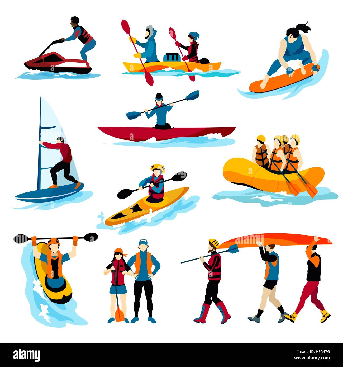People In Extreme Water Sports Color Icons . Extreme water sports flat ...