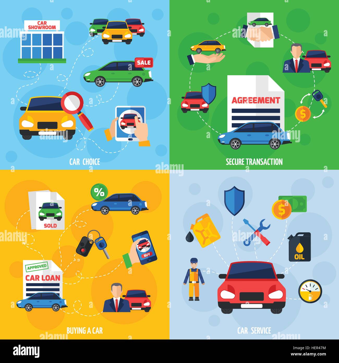 Car Dealership 4 Flat Icons Square . Car showroom with vehicles for ...