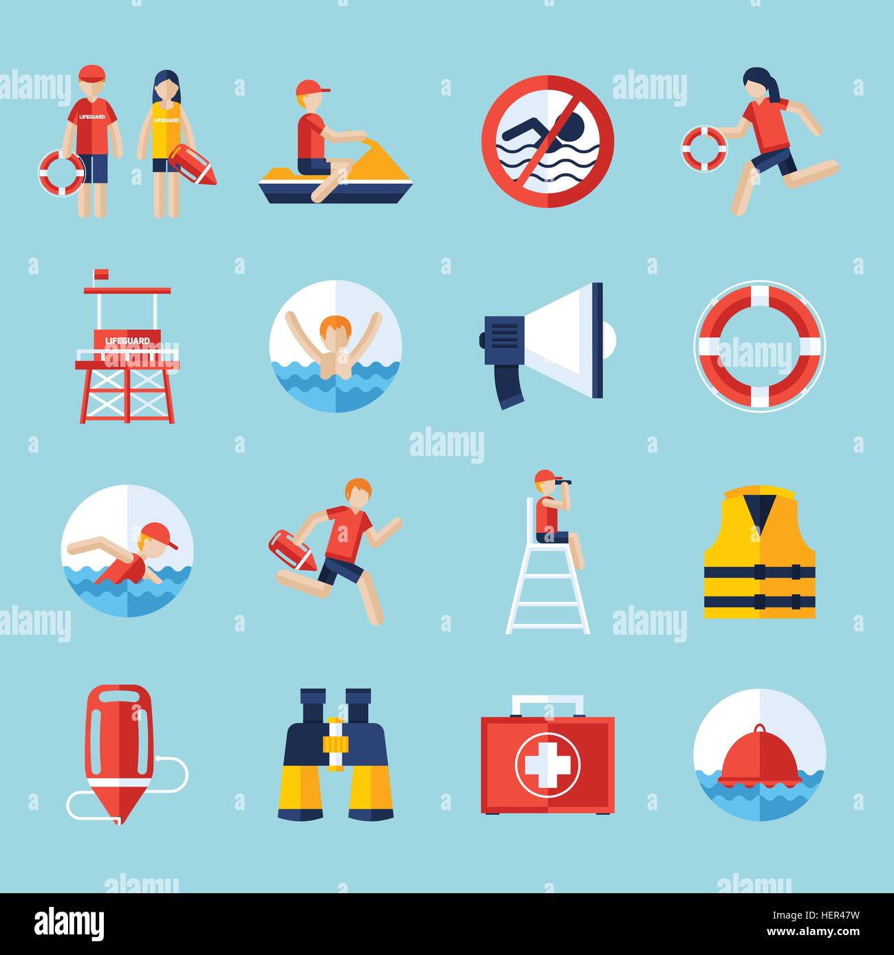 Lifeguard icons set. Lifeguard flat icons set with swimming people and ...