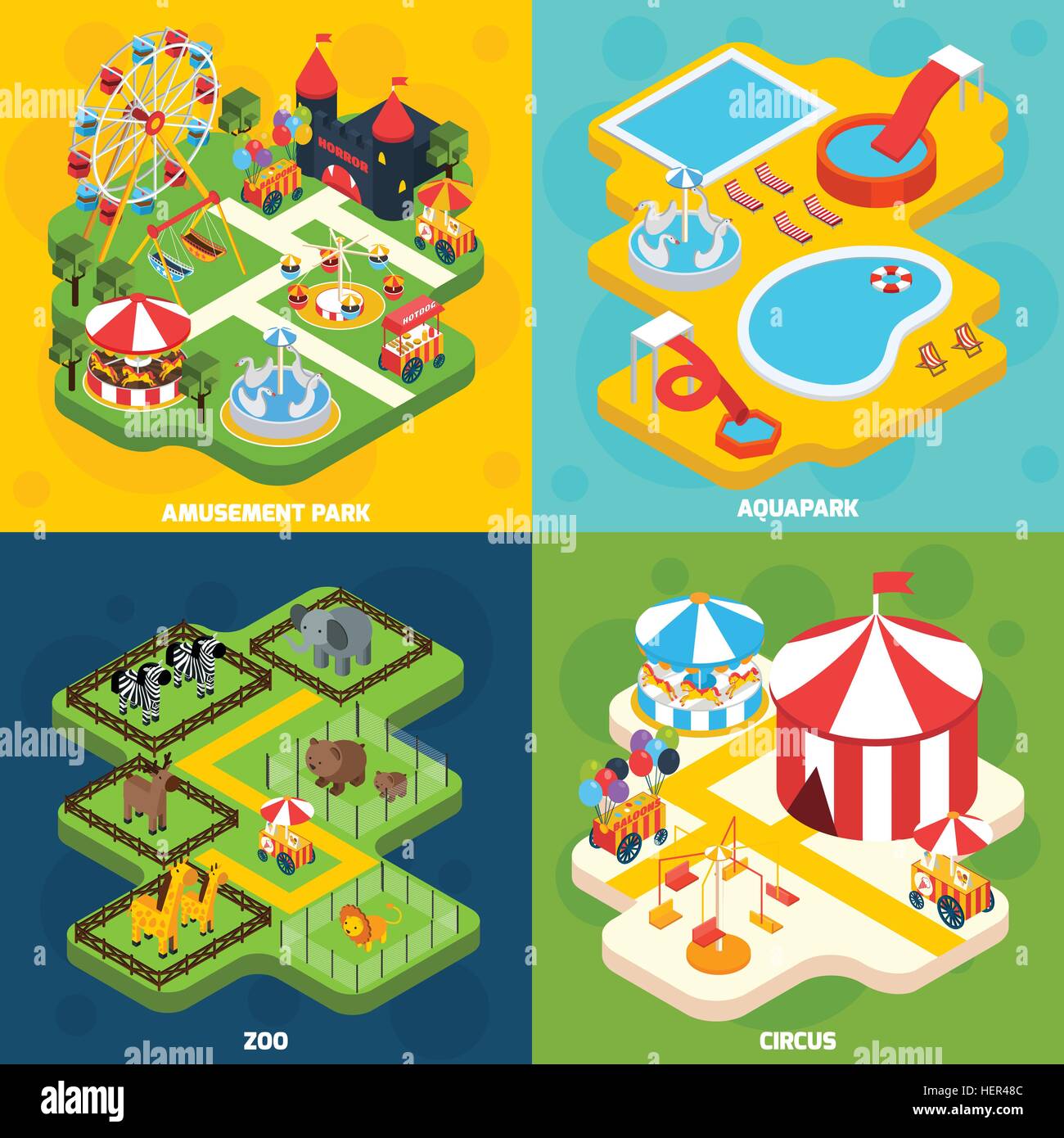 Amusement Park Isometric 4 Icons Square . Amusement park with aqua ...