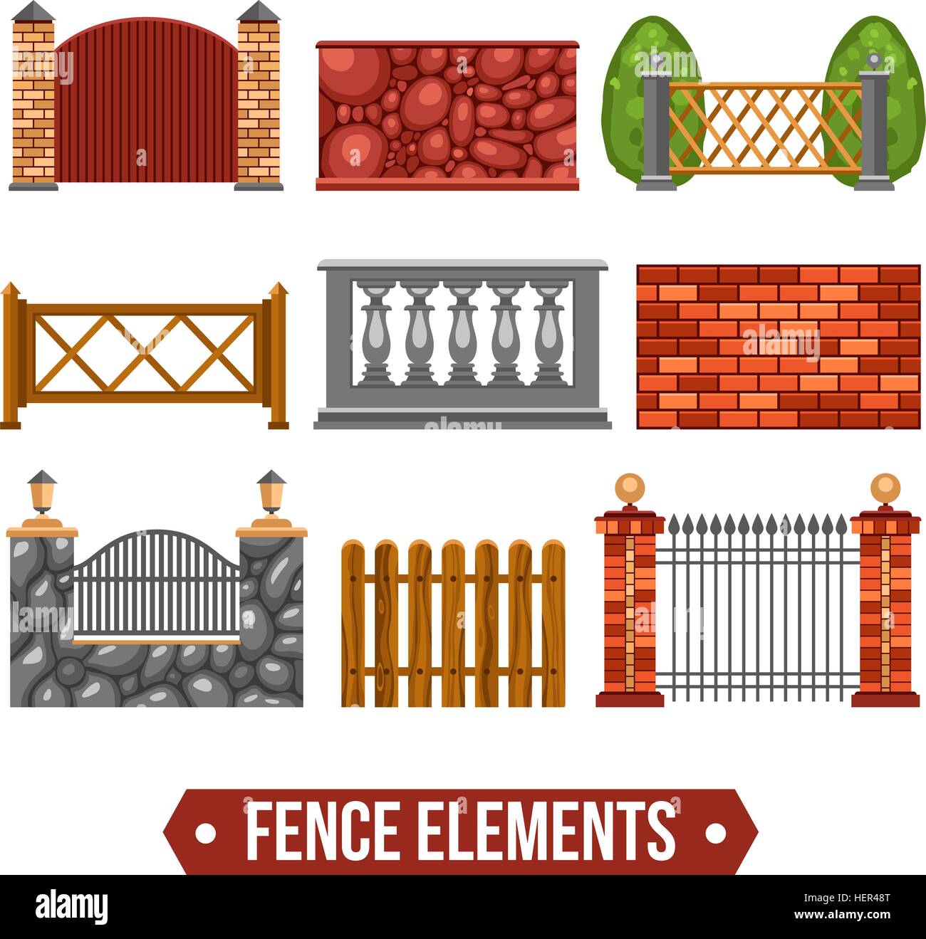 Fence Design Elements Set. Fence design elements set with stone wooden ...