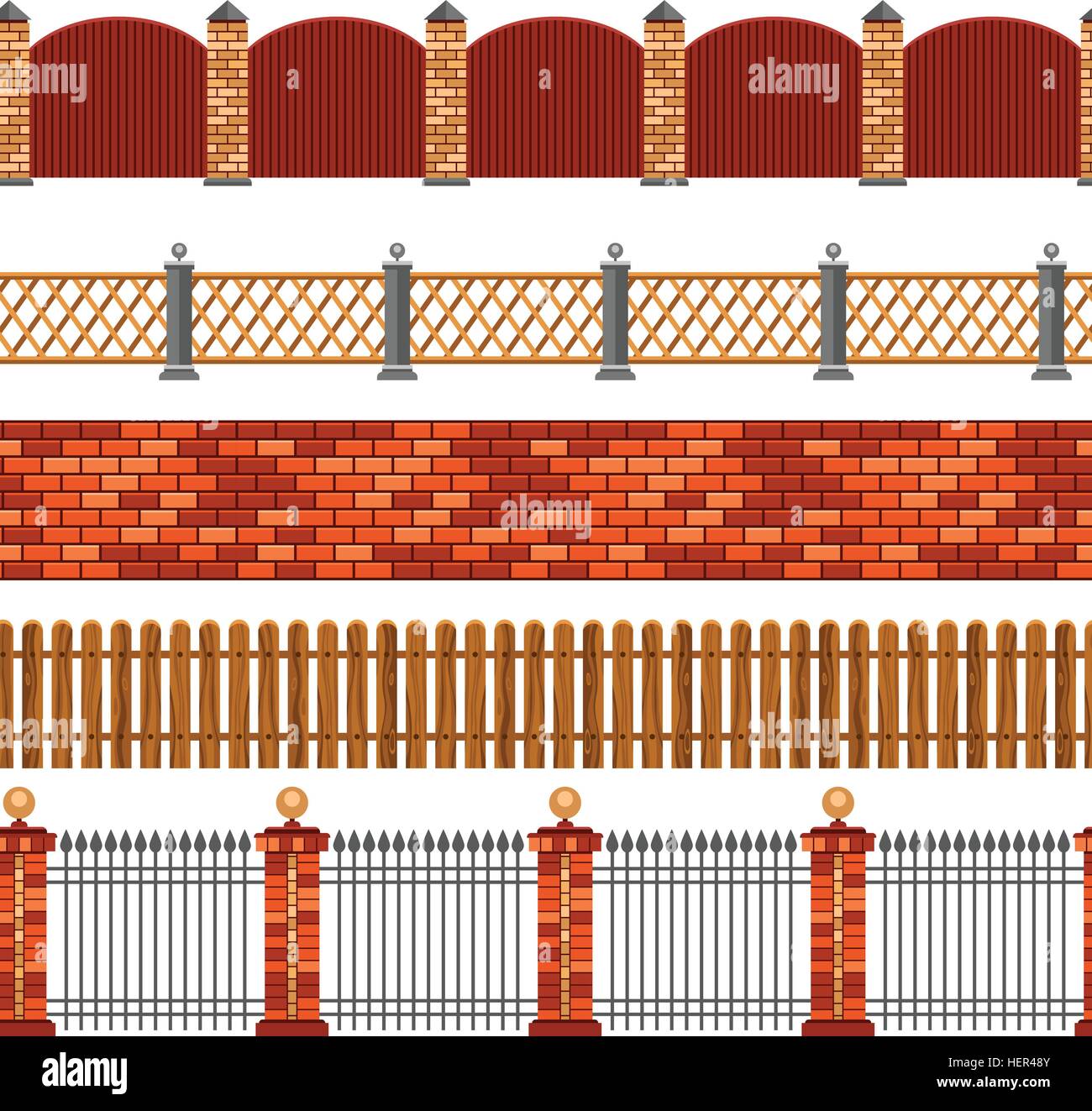 Fence Seamless Border Set. Vector illustration of horizontal seamless ...