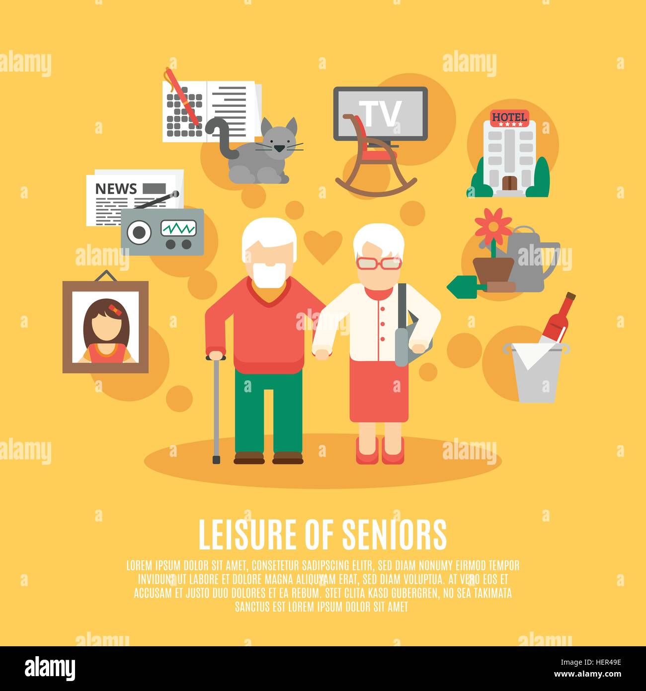 Flat Senior Poster. Leisure of seniors poster with elder couple and ...