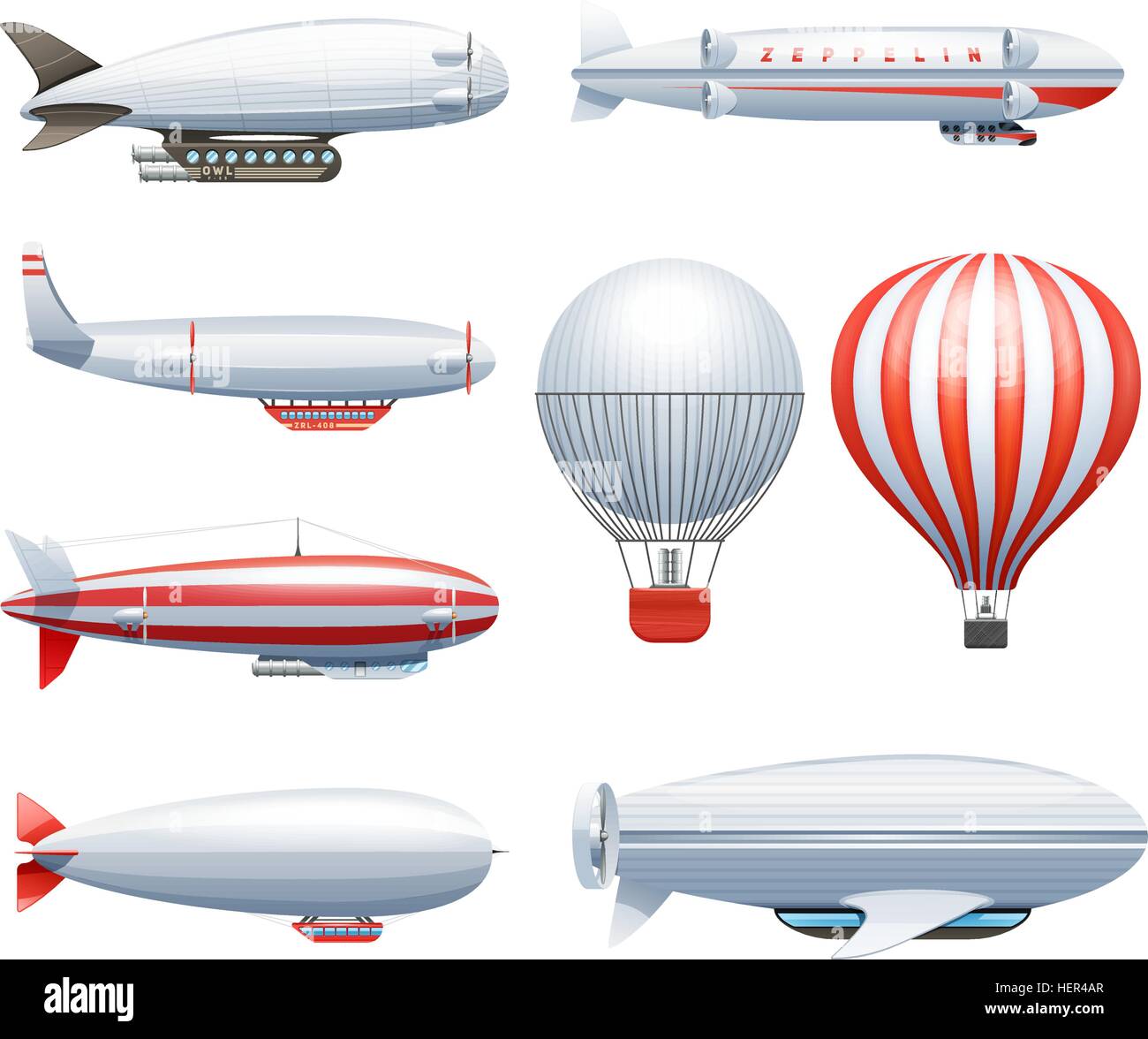 Dirigible Airship White Red Icons Set . Dirigible and hot air balloons ...