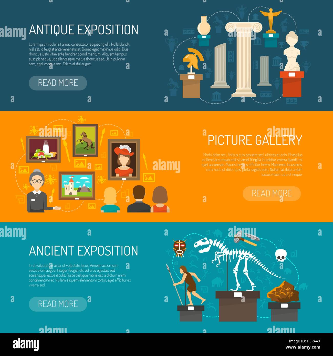 Museum Horizontal Banners. Museum horizontal banner set with exhibits ...