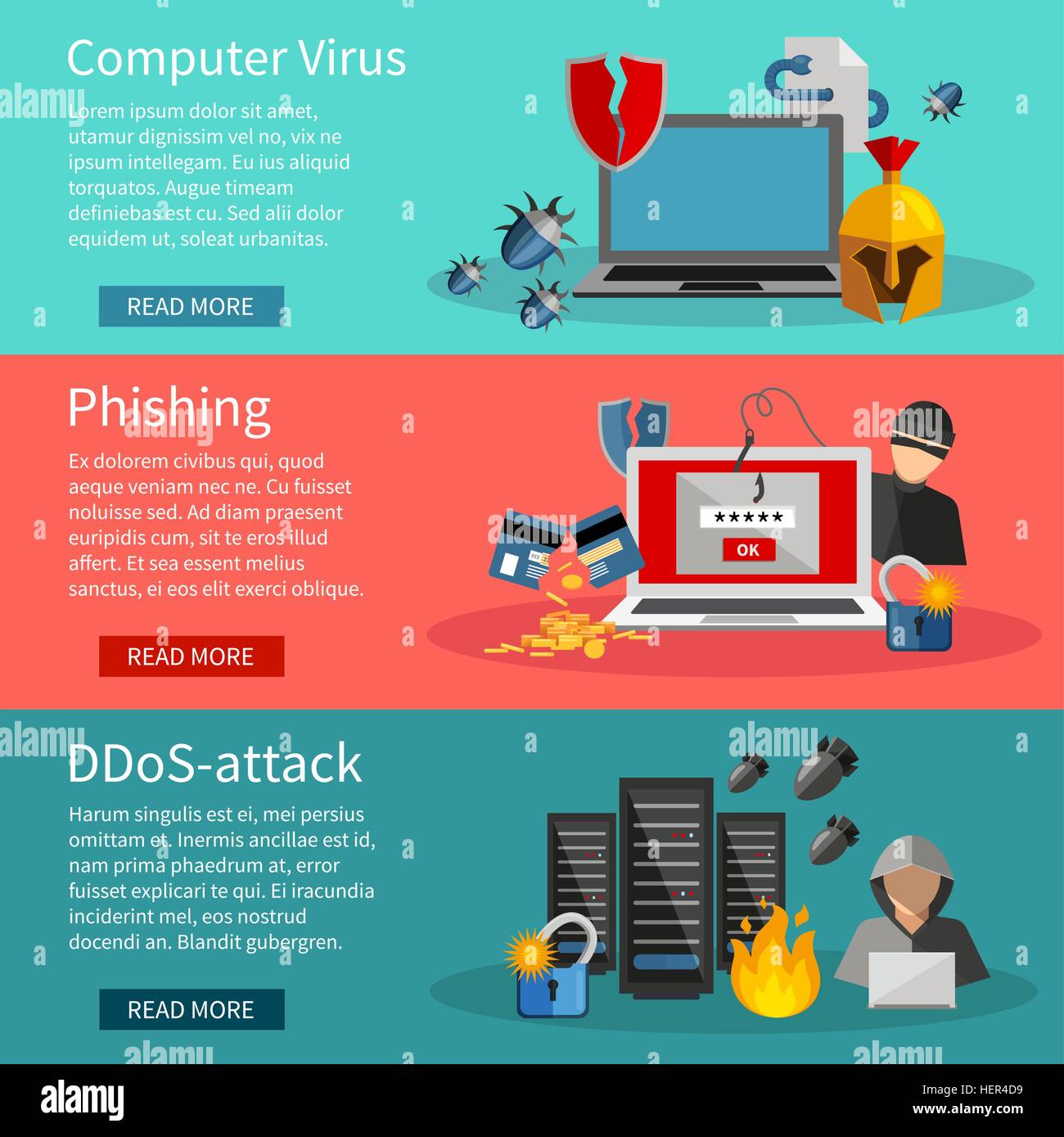 Horizontal Hacker Banners Set. Horizontal hacker banners set with icons of DDOS attacks on ...