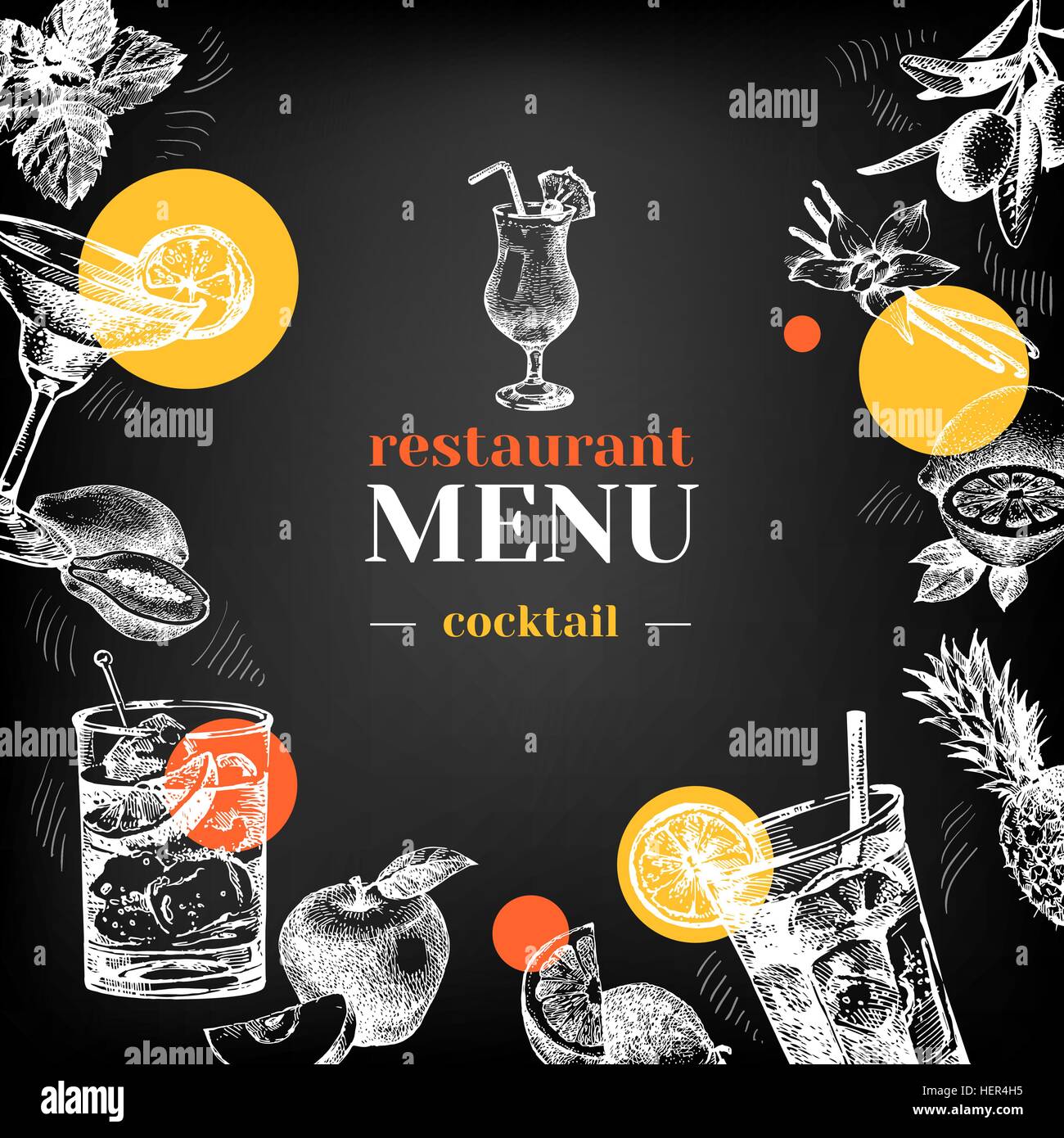 Restaurant chalkboard menu. Hand drawn sketch cocktails and fruits ...