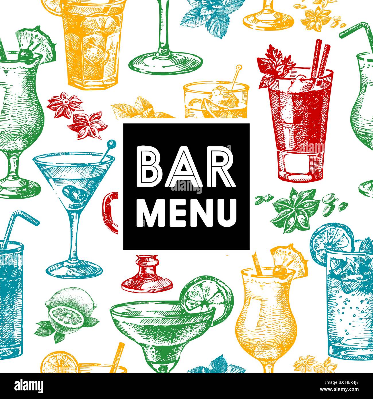 Restaurant and bar menu. Hand drawn sketch cocktails vector ...