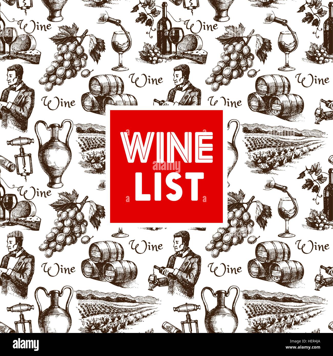 Vintage wine menu background. Hand drawn sketch vector illustration ...