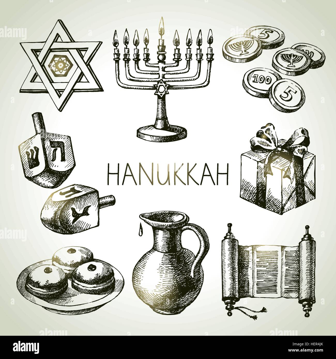 Hand drawn sketch Hanukkah elements set. Israel festival objects and ...