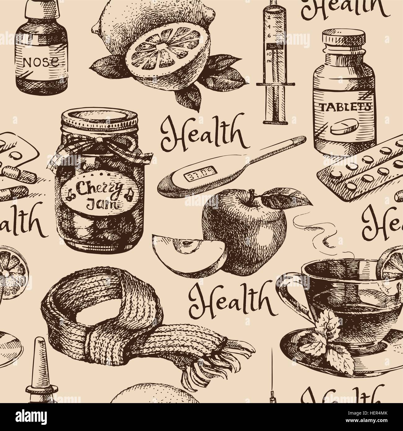 Sketch healthy and medical vintage seamless pattern. Hand drawn vector ...