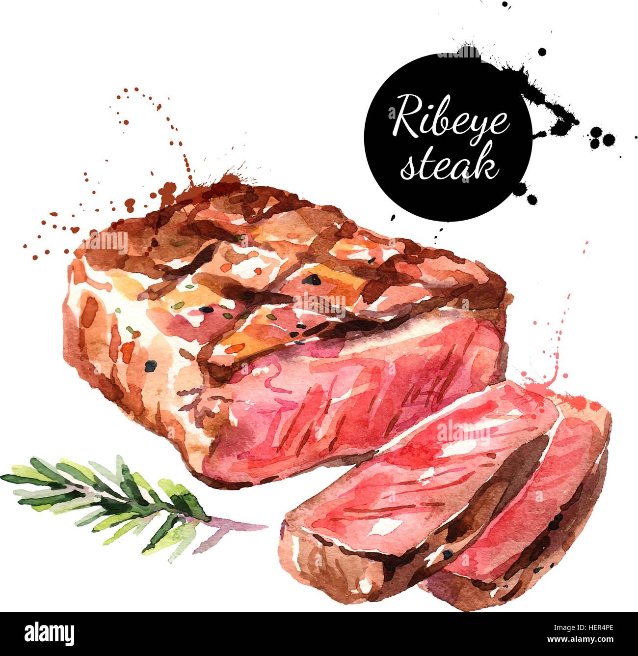 Watercolor ribeye steak. Isolated food illustration on white background ...
