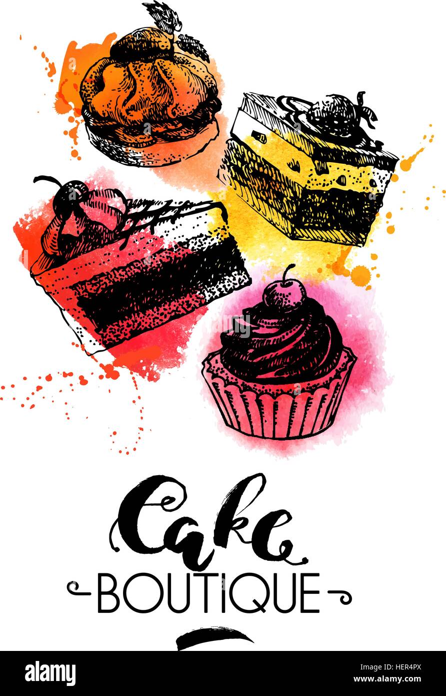 Sweet cakes pastry hand drawn vintage poster. Sketch and watercolor ...