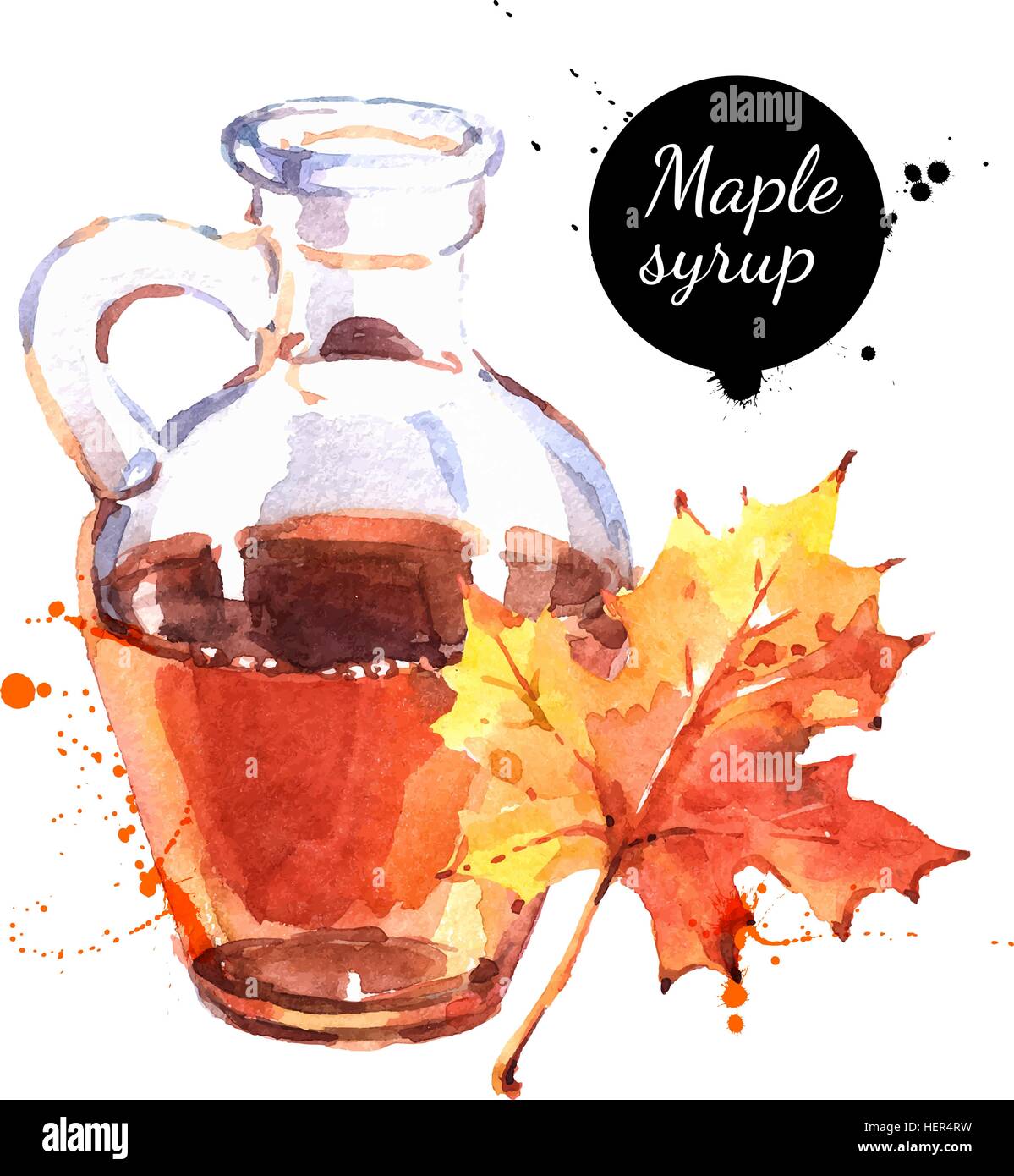 Watercolor hand drawn maple syrup in glass bottle and autumn leaf ...