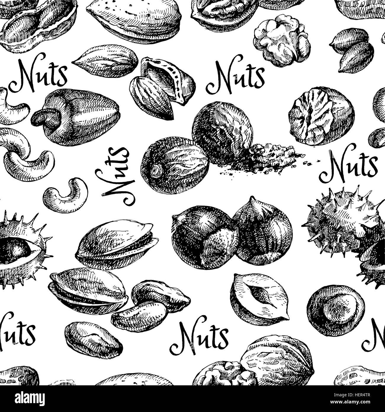 Vintage hand drawn sketch nuts seamless pattern. Black and white vector ...