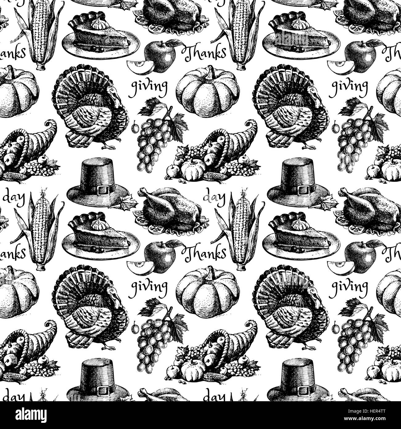 Hand drawn sketch Thanksgiving Day seamless pattern. Black and white ...