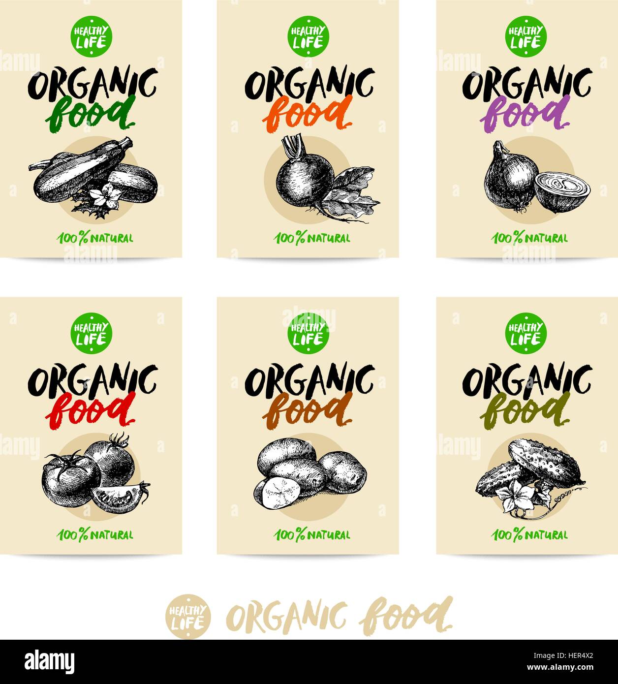Hand drawn vegetables sale tag banners. 100% natural organic eco foods ...
