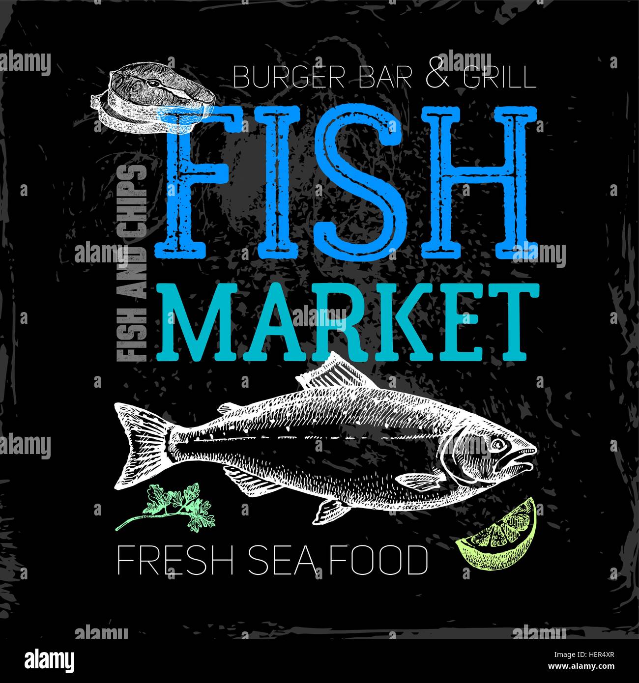 Restaurant sea food menu. Fish market poster. Hand drawn sketch ...