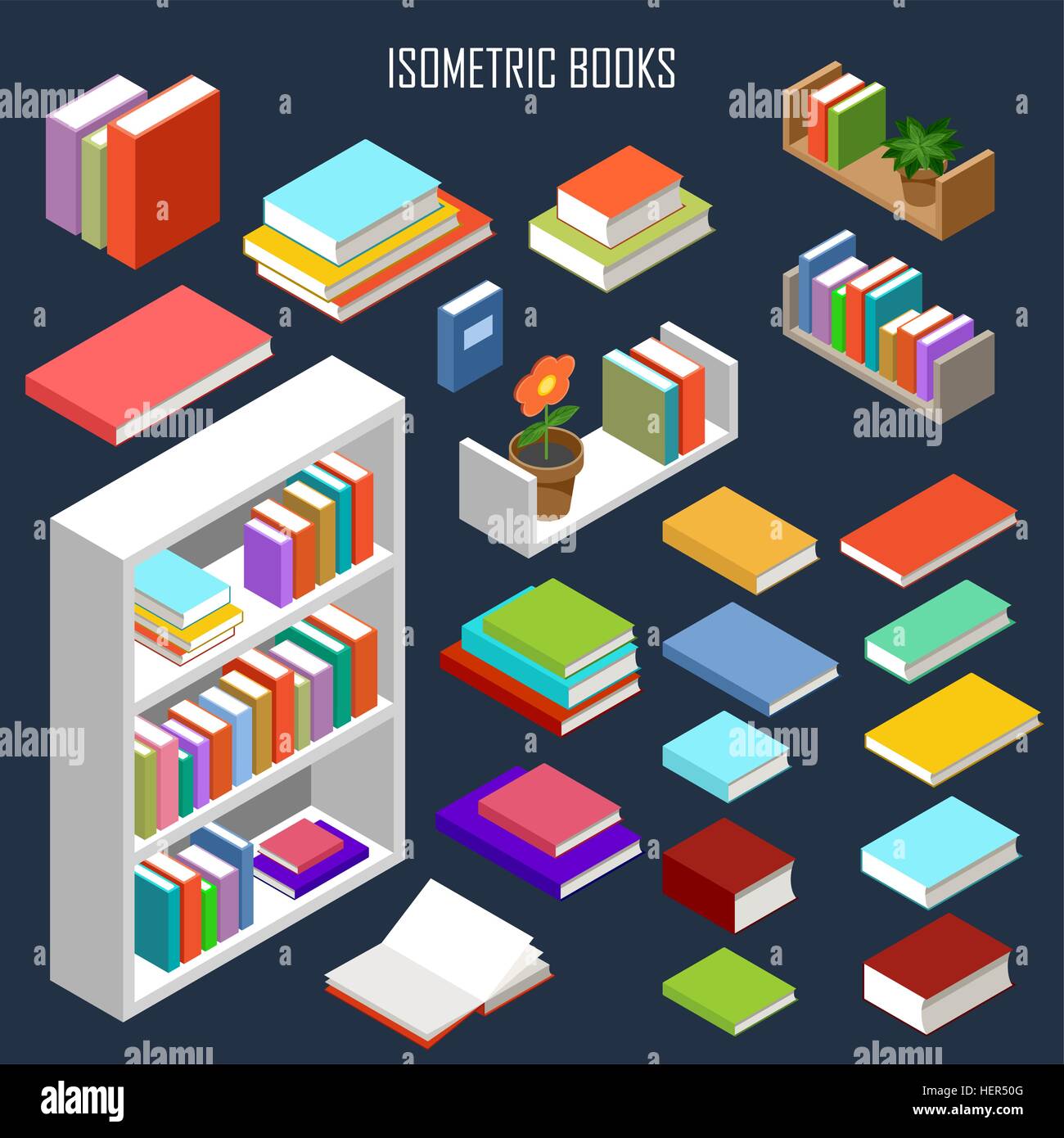 The vector image of isometric books in the opened and closed look and ...