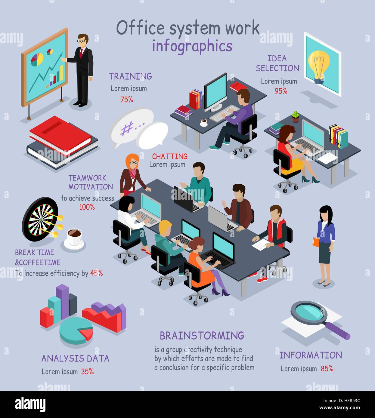 Isometric office system work infographic. 3D office interior, office ...