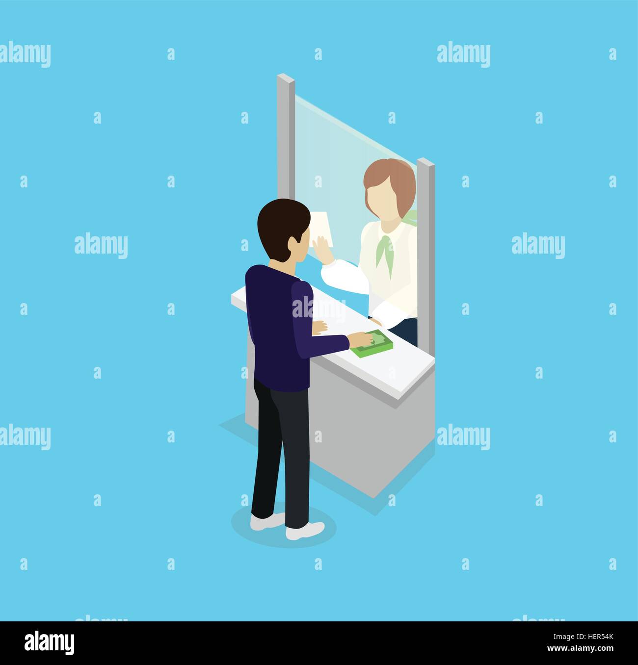 Isometric icon man with money at bank window. 3D business money ...