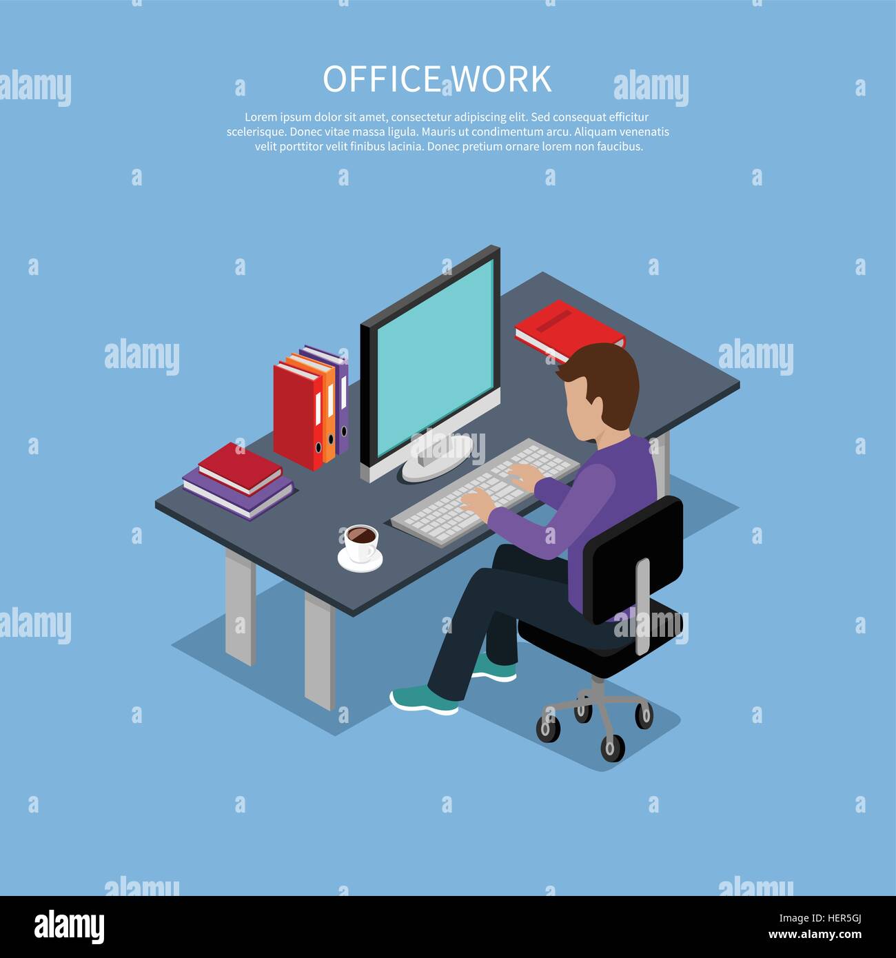 Isometric man office work interior design. 3D men in office room ...